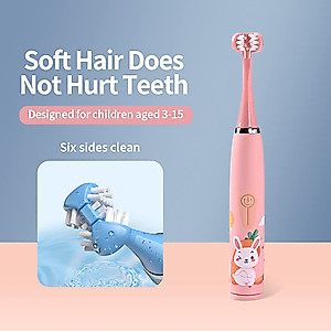 LEYUYO Electric Toothbrush for Kids 6 Sided 360° Sonic Cleaning 31000 Strokes Rechargeable 3D Sonic Tooth Brush with Timer, 2 Bristles, 4 Modes, Pink