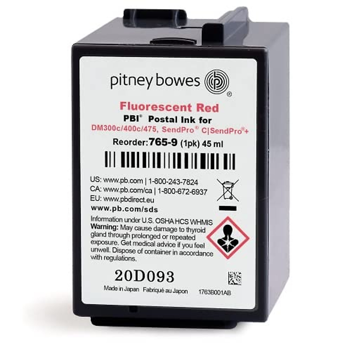 Pitney Bowes 765-9 Ink Cartridge for SendPro C Auto, DM300C™ & DM400C™ Series, Red Ink, 45 ml