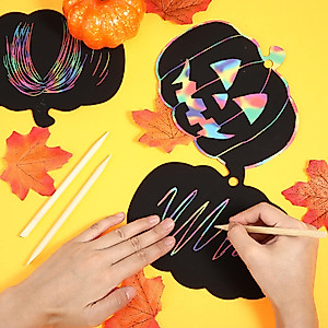 Outus 96 Pieces Halloween Scratch Paper, Halloween Pumpkins Crafts with Rainbow Colors, Halloween Pumpkins Art Paper Crafts Kit, Pumpkin Ornaments