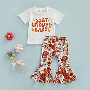 Muasaaluxi Toddler Kid Baby Girls Outfits Short Sleeve Letter Print T-shirt Tops Flared Pants Summer Clothes 1-6Y (Stay Groovy, 2-3T)