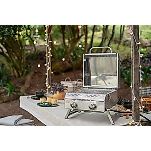 Megamaster Premium Outdoor Cooking 2-Burner Grill, Outdoor Cooking While Camping, Outdoor Kitchen, Patio Garden, Barbecue with Two Foldable legs, Silver in Stainless Steel