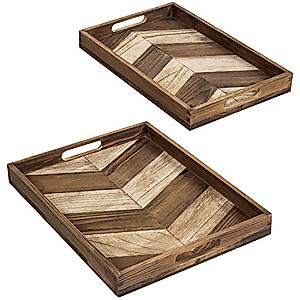 MyGift Large Wooden Nesting Breakfast Trays with Chevron Arrow Design - Burnt Brown Wood Snack Serving Tray with Cutout Handles, 2 Piece Set
