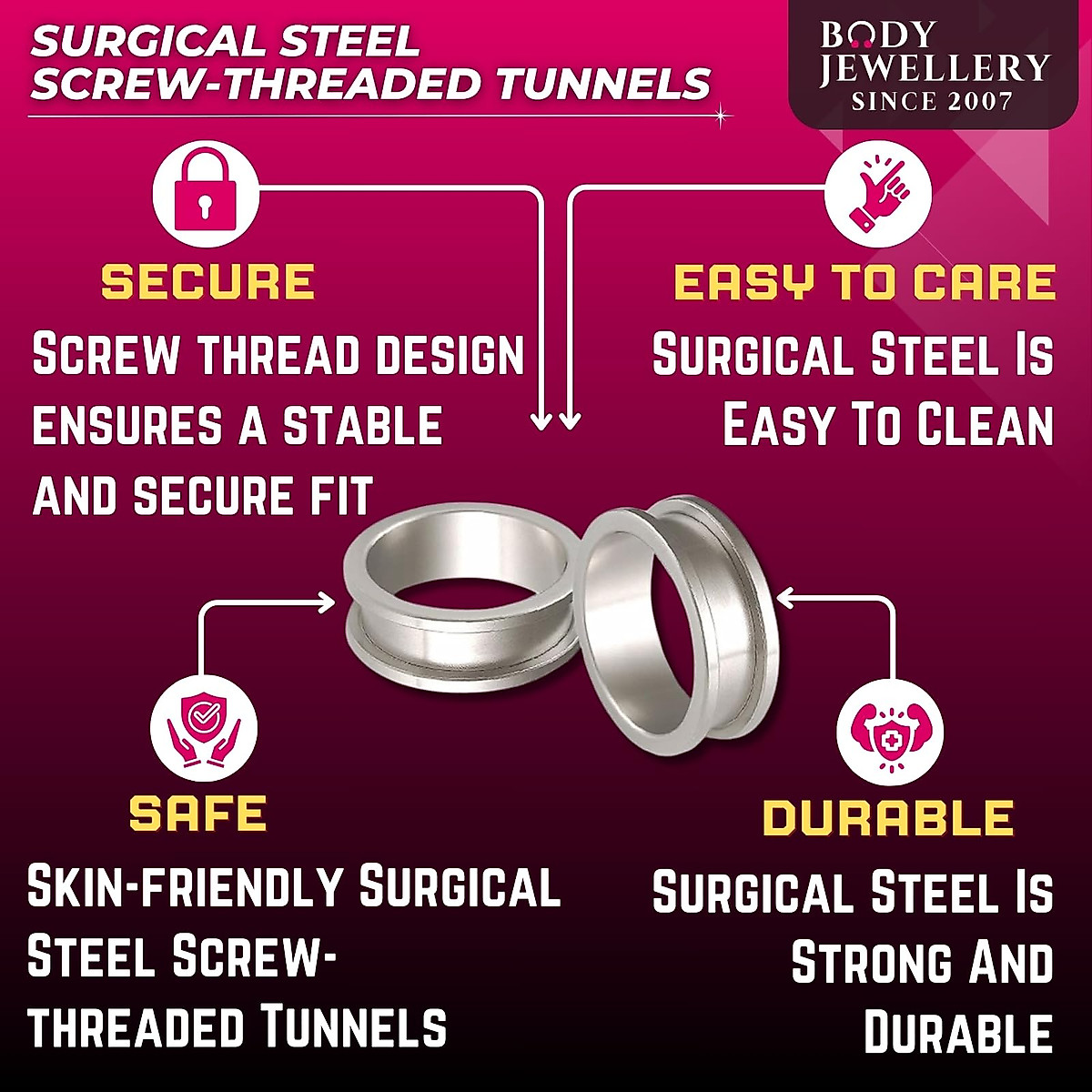 bodyjewellery 15/16 gauge 24mm Surgical Steel Flesh Tunnels Ear Plugs AFUT Ear Stretching 2Pcs