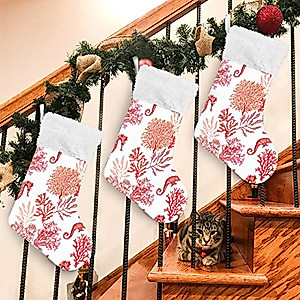 Kigai Christmas Stockings Coral Seahorse Large Candy Stockings Stuffers Kids Cute Xmas Sock Decorations 1PC for Home Holiday Party 12" x18"