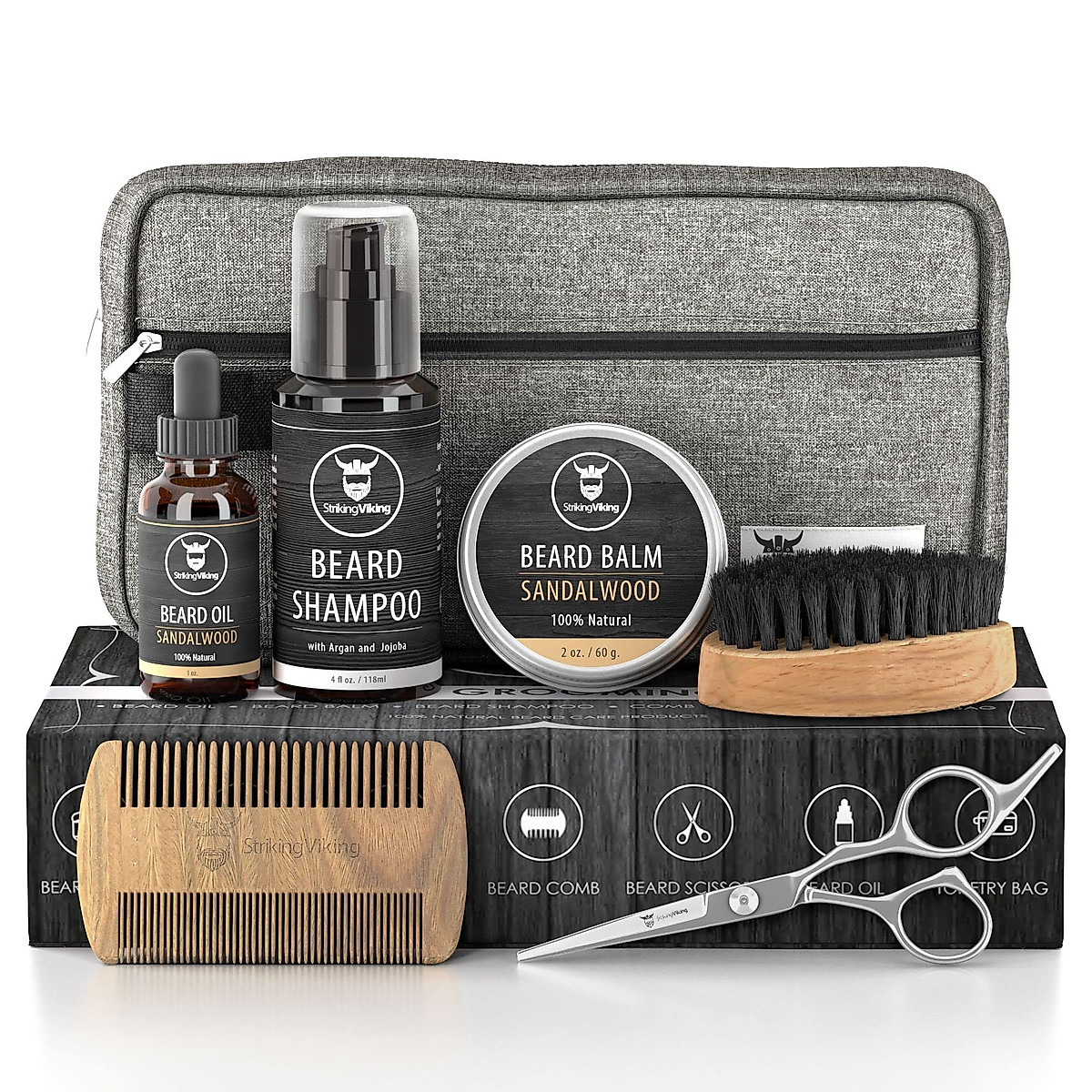 Striking Viking Beard Grooming Kit - Premium Beard Care Products for Men – Beard Shampoo, Beard Oil, Beard Balm Butter, Beard Brush, Wooden Comb, Mustache Scissors, & Toiletry Bag