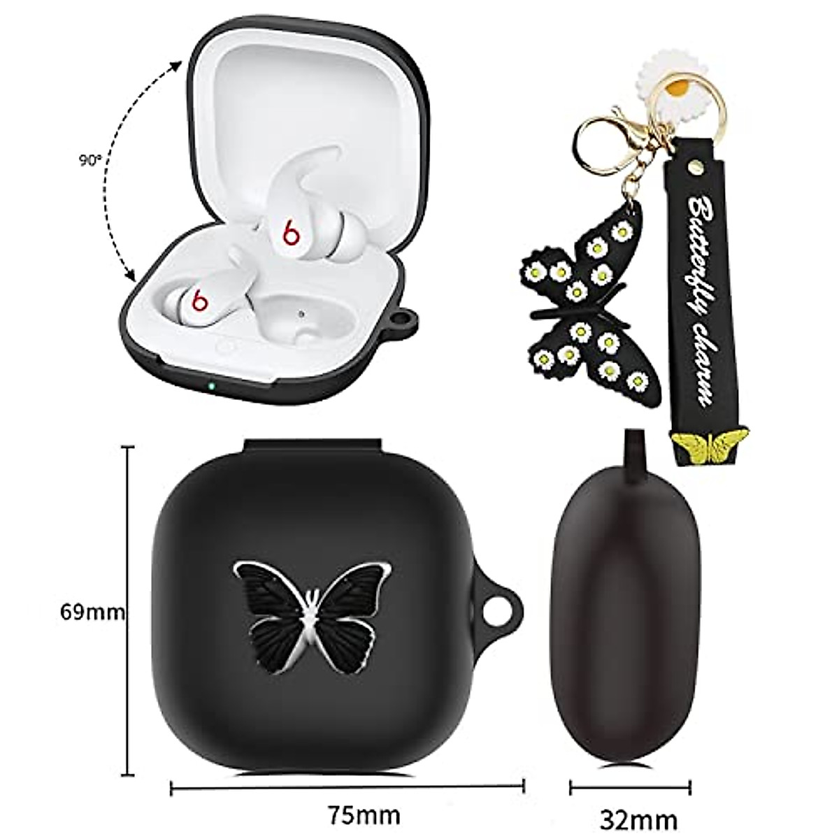 Case for Beats Fit Pro with Wristlet Keychain, Cute Cartoon Butterfly Charm Soft Silicone Charging Case with Wrist Strap Anti-Lost Cover for Beats Fit Pro X 2021/2022, Gift for Women Girl (Purple)