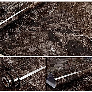 Simplemuji Black Glossy Adhesive Paper Marble Granite Look Effect Countertops Vinyl Film Backsplash Wallpaper Waterproof Oilproof Adhesive Removable 12inch X 79inch