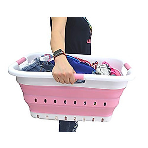 SAMMART 41L Collapsible 3 Handled Plastic Laundry Basket - Foldable Pop Up Storage Container/Organizer - Portable Washing Tub - Space Saving Hamper/Basket (3 handled rectangular, White/Pink)