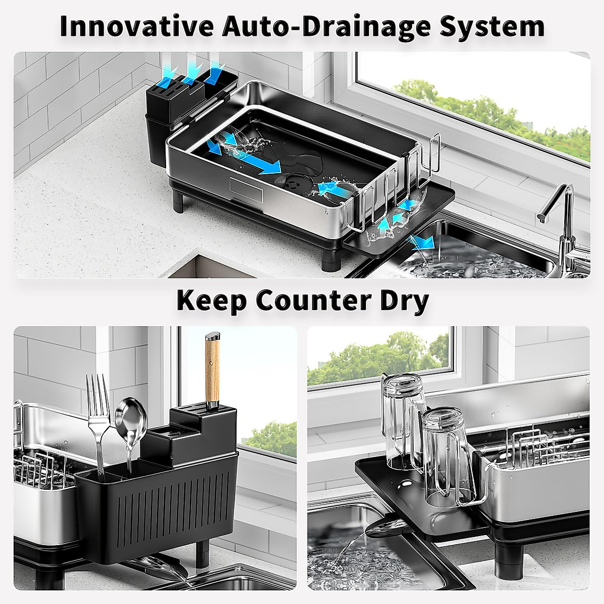 SanDream Dish Drying Rack, Stainless Steel Dish Rack for Kitchen Counter, Dish Drainer for with 360° Rotatable Drain Spout & Utensil Holder, Saving-Space Kitchen Organizer with Cups Holder, Black