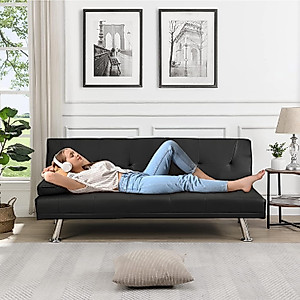Anwickmak Convertible Futon Sofa Bed,PU Leather Modern Couch Loveseat Sleeper, Folding Daybed Guest Bed, Removable Armrests, 2 Cup Holders, Metal Legs (Black)