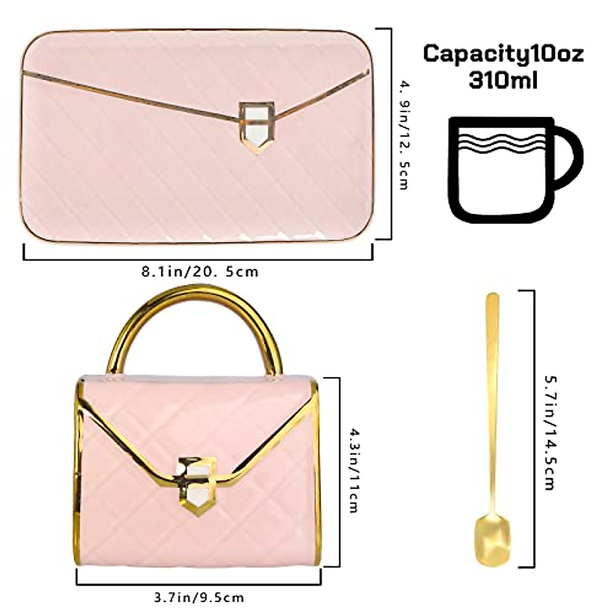 FLLETY Coffee Mug,Tea Cup Set,Coffee Cups Ceramic Travel Mug,Handbag Shaped Mug With Saucer And Spoon,Halloween Mugs With Gift Box For Women (Pink)