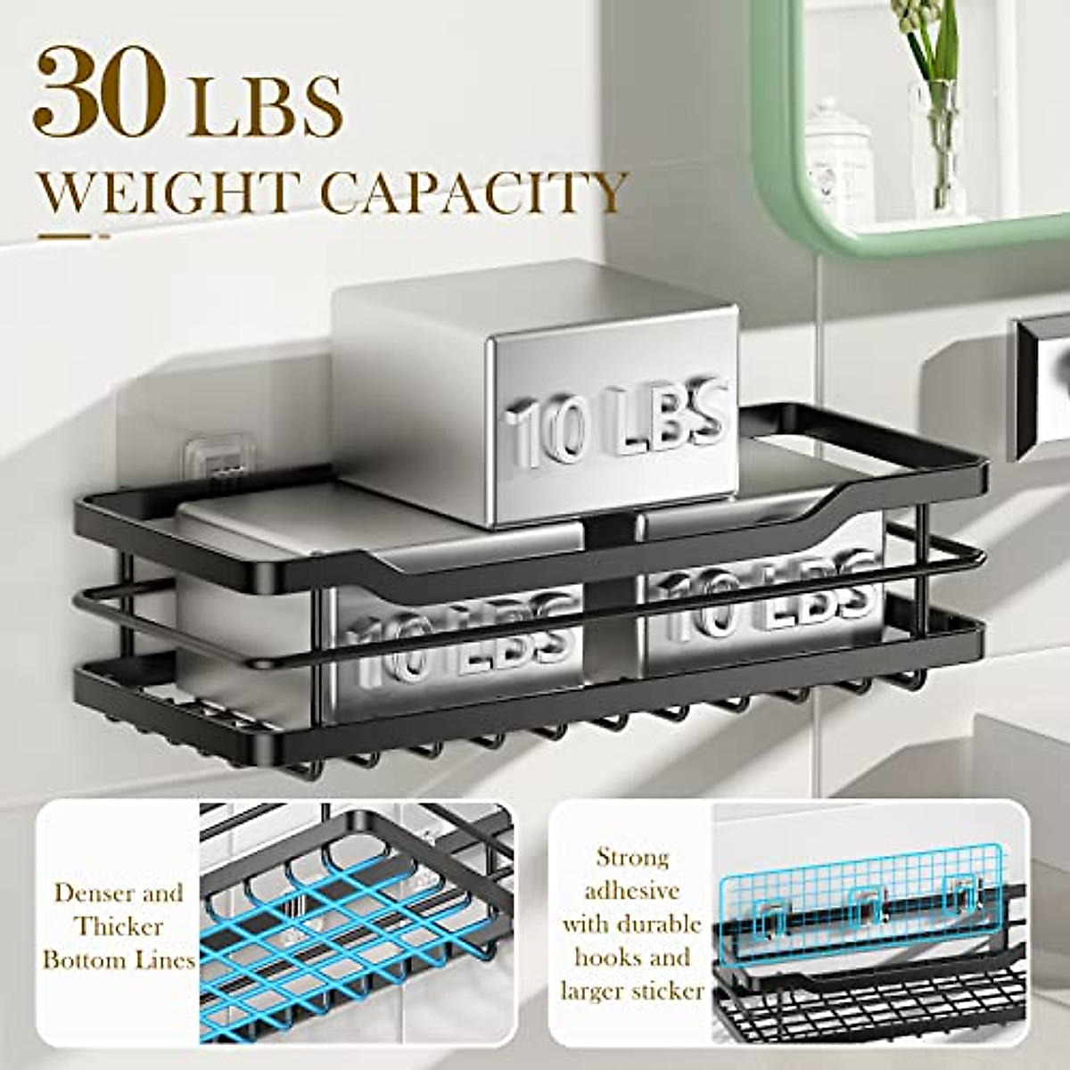 TOPCHASE Shower Caddy Bathroom Shower Organizer, Black Adhesive Shower Shelves for Inside Shower, 2 Pack Stainless Steel Shower Organization Basket With Soap Holder, Hooks, No Drilling Shower Storage