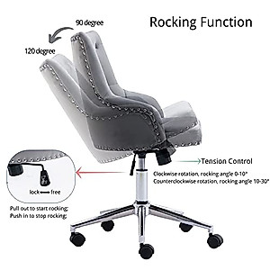 Home Office Chair Swivel Accent Armchair Velvet Upholstered Tufted Chairs Mid Back Ergonomic Study Task Seat Morden Computer Desk Stools w/Nailhead Trim for Living Room Bedroom (Grey)