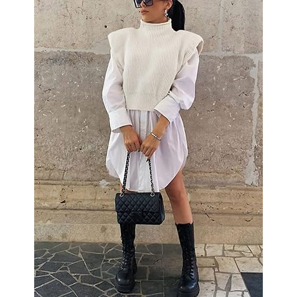 Hooever Women's Turtleneck Sleeveless Knitted Tank Tops Shoulder Pads Sweater Vest(White-S)