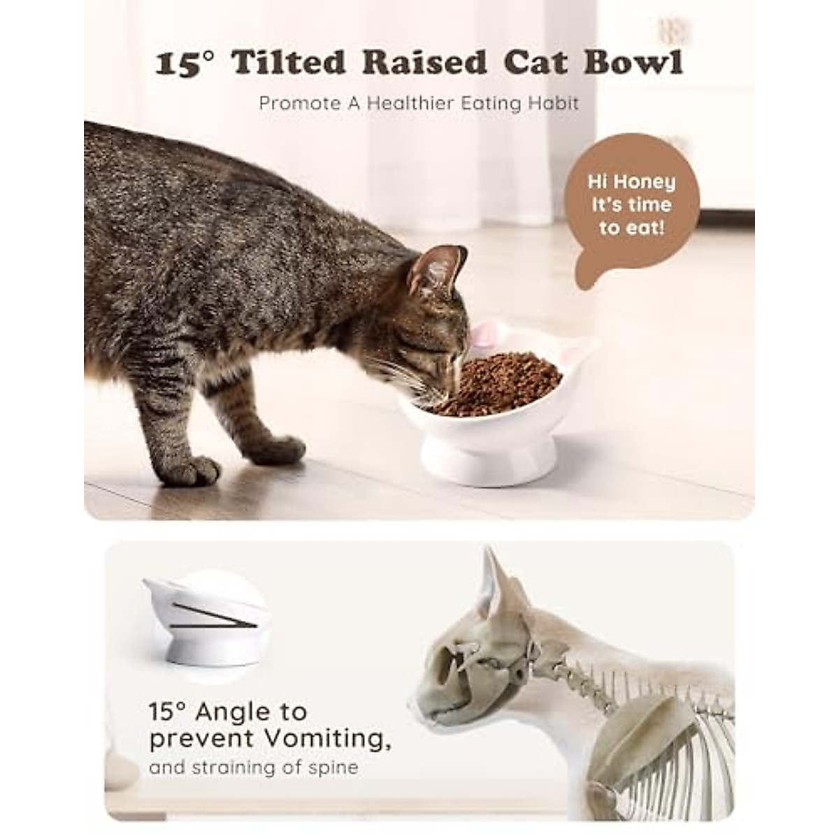 Raised Cat Food Bowl Ceramic 15° Tilted Cat Food Bowls Protect Cat's Spine Anti Vomiting Backflow Prevention Cat Bowls for Adult Cats, Kitten, and Small Dogs, Pink