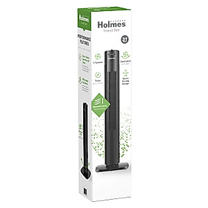 HOLMES 31" Manual Tower Fan, 70° Oscillation, 3 Speeds, 2-Hour Auto Shut-Off Timer, Adjustable Vents, Compact and Slim Profile, Carry Handle, Ideal for Cooling your Home, Bedroom or Office, Black