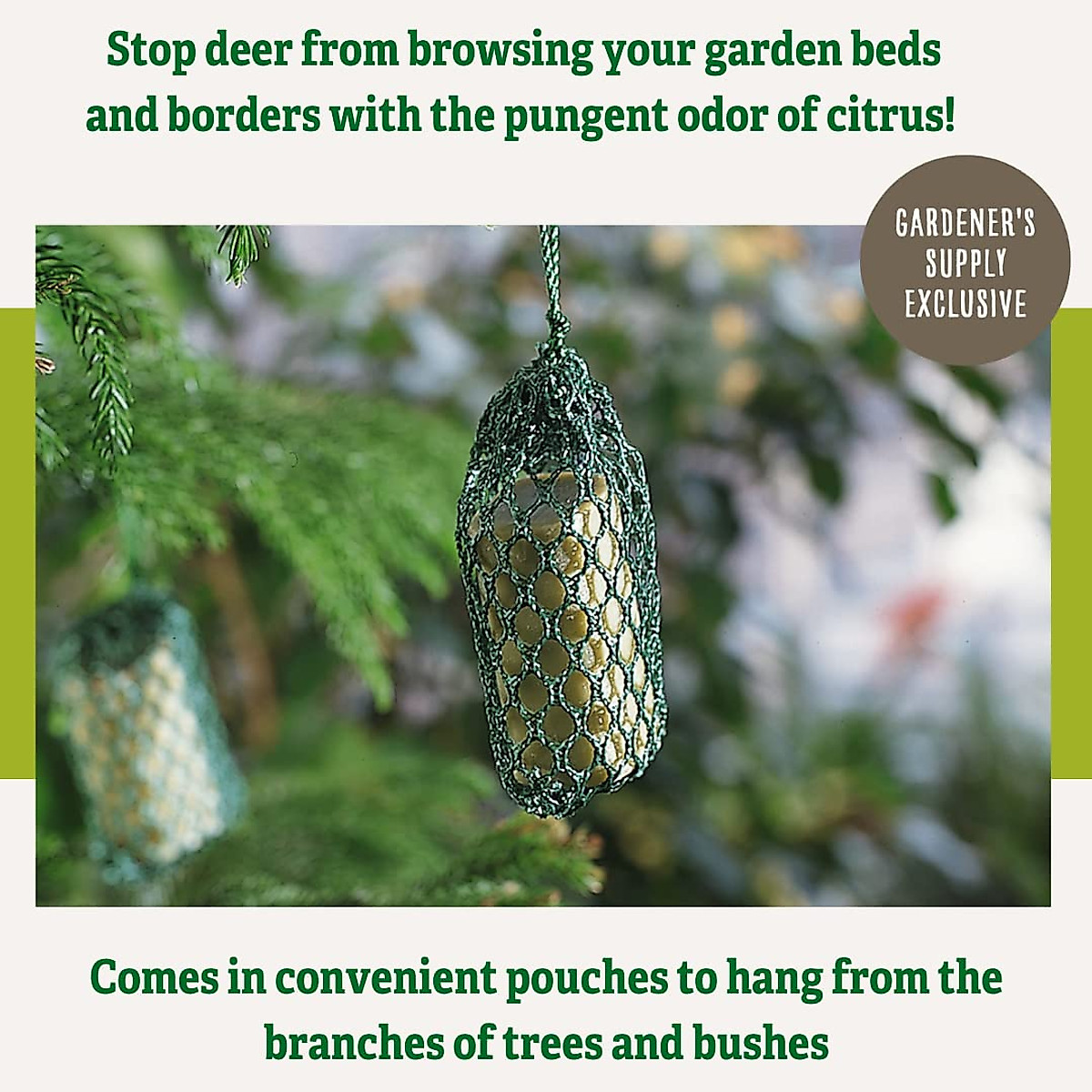 Gardeners Supply Company Deer Repellent Plant Pouches | Natural Citrus Scent Soap Based with Nylon Pouch Holder | Chemical Free Humane Deer Repel Outdoor Plants Protector | Set of 6