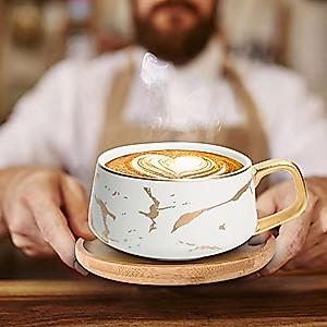 ENJOHOS 10 Oz Ceramic Tea Cup Coffee Cup Set with Wooden Saucer European Golden Hand Cup Saucer Set(White)