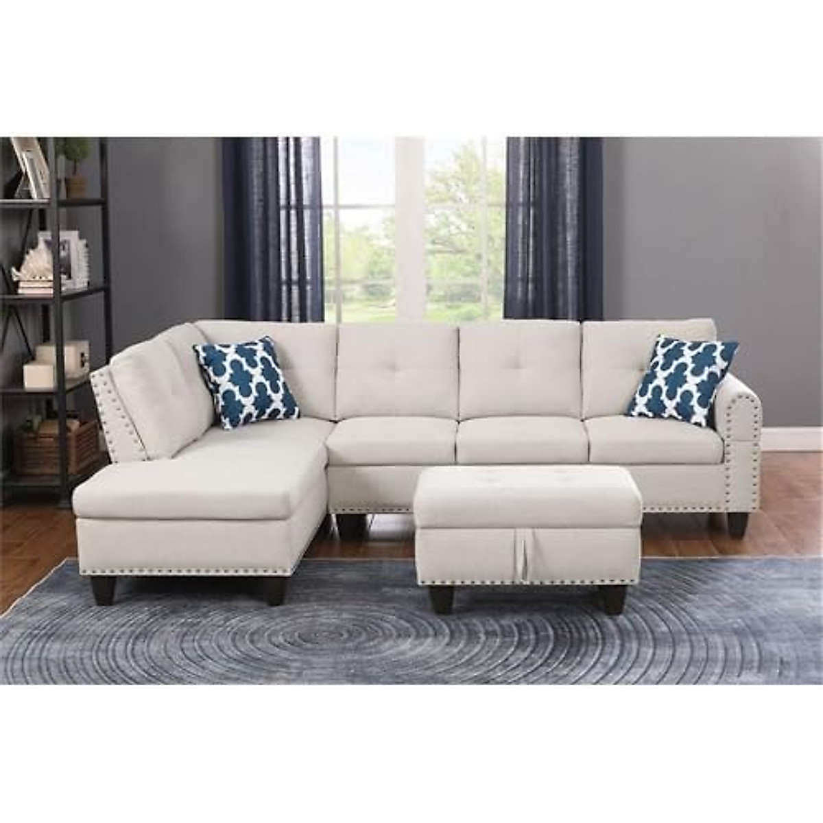 Devion Furniture Polyester Fabric Sectional Sofa with Lift-top Storage Ottoman, Tufted Design, in Beige Finish