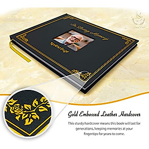 Fancy Dove Funeral Guest Book with Picture Pocket. Celebration of Life Sign in Book with Gold Embossed Leather Hardcover. Signature and Memory Book with 124 Pages