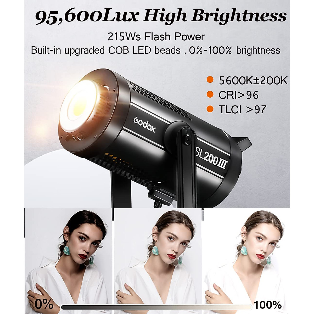 Godox SL200WIII 215W LED Video Light,Bowens Mount Continuous Lighting,2.4G 95600Lux CRI96+ Flash Light,5600K Daylight Balanced,8 Pre-Programmed Lighting Effects with Ultra-Silent Fan for Photography