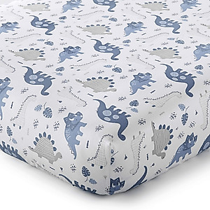 Levtex Baby - Dino Toddler Bed Set - Shades of Blue and Grey - Dinosaur - 5 Piece Set Includes Reversible Quilt, Fitted Sheet, Flat Sheet, Pillow Case, Decorative Pilow