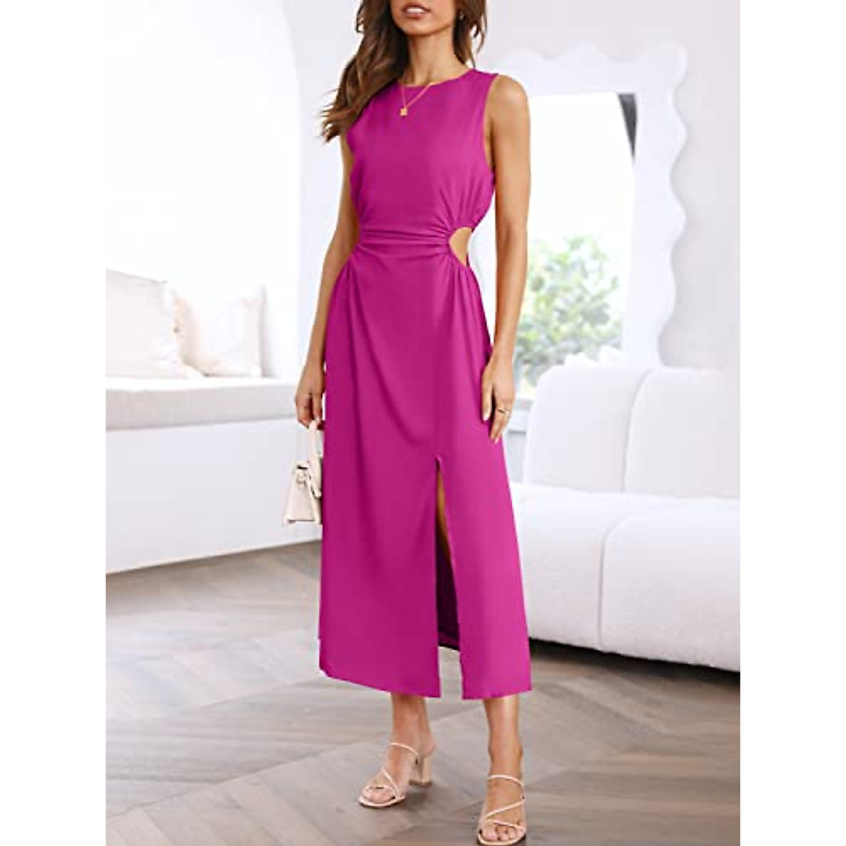 ANRABESS Women's Summer Sleeveless Cutout Maxi Dress Bodycon Slit Beach Wedding Guest Dresses 875meihong-M Rose