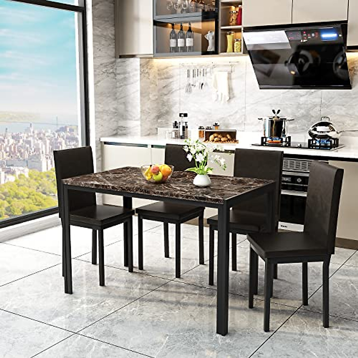 AWQM Dining Table Set for 4, Modern Kitchen Table and Chairs Set, Faux Marble Tabletop and 4 PU Leather Upholstered Chairs Dining Set for Living Room, Kitchen, Dining, Compact Space - Brown