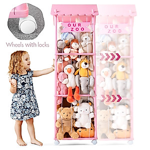 mloong Large Stuffed Animal Zoo Storage, 58" Tall Wooden Stuffed Animal Cage, Stuffed Animal Zoo Wood Soft Toy Organizer, Applicable Kids Nursery Play Room Bedroom (Pink)