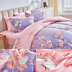 AIKASY Pink and Light Purple Queen Comforter Set with Sheets,Bed in a Bag 7-Pieces,Branches and Flowers Printing Design,Ultra Soft Down Alternative All Season Bedding Set(Queen,Blossom Stem)