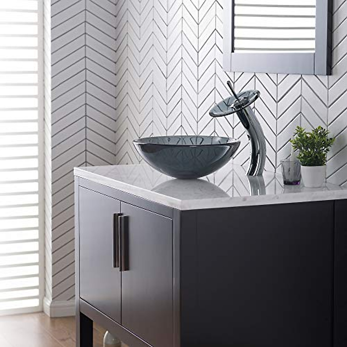 Single Lever Vessel Glass Waterfall Bathroom Faucet Chrome with Black Clear Glass Disk and Matching Pop Up Drain