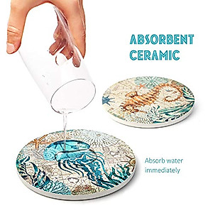 Absorbent Coasters Stone Coaster Set of 8, Cork Base, with Holder, RayPard Beach Theme Sea Life Coastal Coasters for Housewarming Apartment Kitchen Room Bar Decor ,Ocean Life(Black Holder)