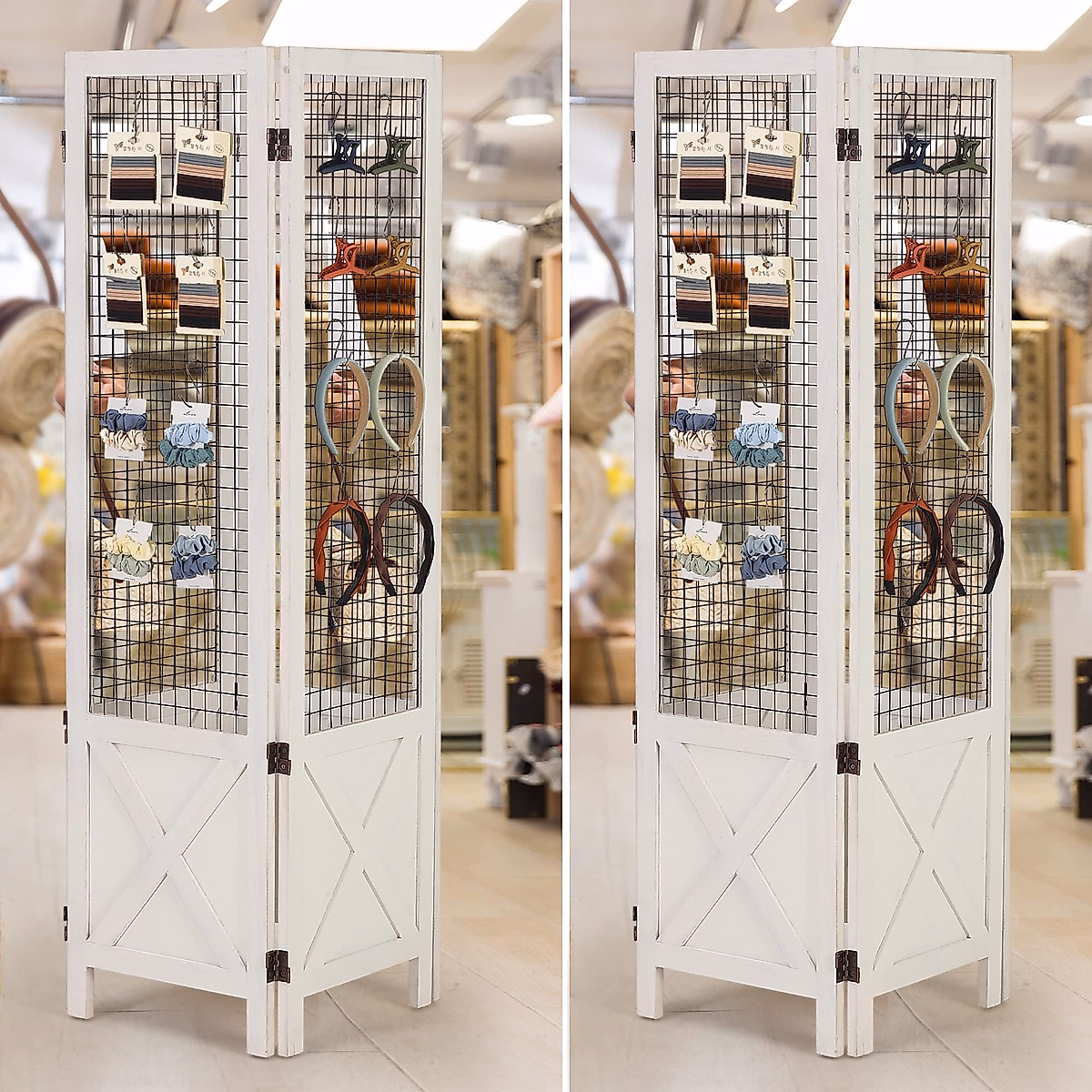 Wnutrees 4 Panel Gridwall Display, Portable Freestanding Display Board for Craft/Art Shows, Retail, Events, Decorative Wood Room Divider Folding Screens, White