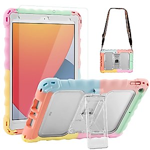 TopEsct iPad 9th/8th/7th Generation Case, iPad 10.2 Case for Kids with Portable Shoulder Strap, PET Screen Protector & Shockproof Silicone, Rainbow