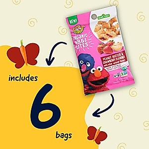 Earth's Best Organic Kids Snacks, Sesame Street Toddler Snacks, Organic PB&J Bites for Toddlers 2 Years and Older, Peanut Butter and Strawberry Flavored with Other Natural Flavors, 3oz Bag (Pack of 6)