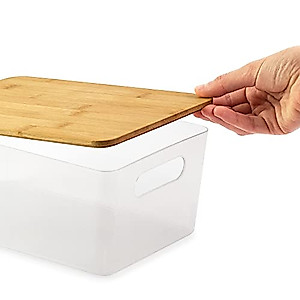 Isaac Jacobs 2-Pack Storage Bin Set w/Cut-Out Handles and Bamboo Lid, Plastic Organizers for Home, Pantry, Kitchen, Closet, Office, Home Décor, BPA Free, Food Safe (Medium, Clear)