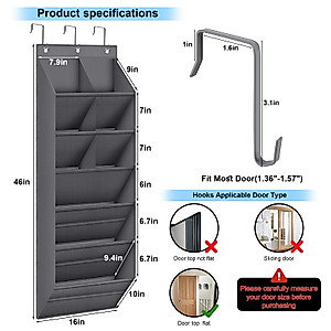 BZVlemon Hanging Shoe Organizer for Closet with 9 Deep Pockets, Over the Door Shoe Rack, Shoe Holder for Narrow Door Dorm RV Shoe Storage, Grey