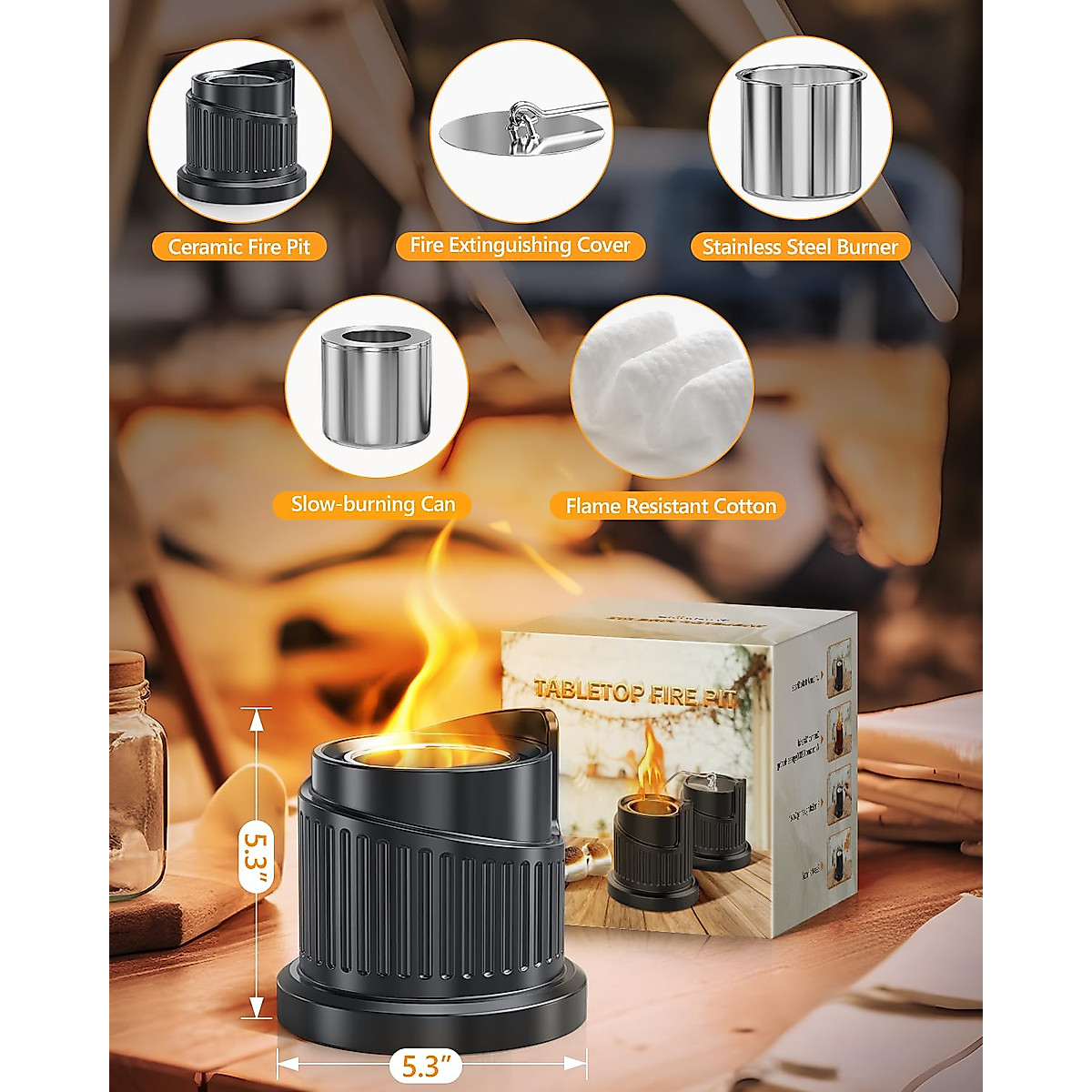 Trushome Tabletop Fire Pit - High Heat-Resistant Ceramic Firepit with Fire Extinguisher, Double Layer Smokeless Firepit, Ideal for Valentine's Day, Birthdays, White Elephant Gifts