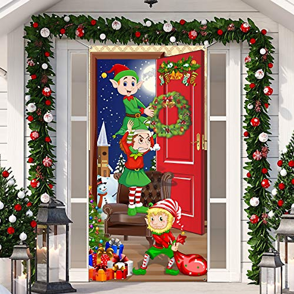 Christmas Door Cover, Funny Elves Door Backdrop Fabric Santa Backdrop Christmas Background Banner Xmas Door Hanging Covers Photo Booth Props for Christmas Party Decorations, 70.9 x 35.4 Inch