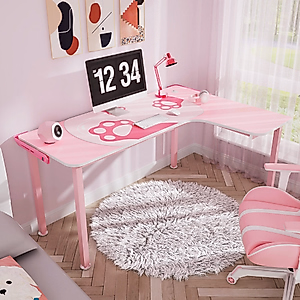 Eureka Ergonomic 61 inch L Shaped Desk, Pink Computer Gaming Desk Office Corner Desk for Home Office Study Writing Table with Mouse Pad, Easy Assembly (Right Side)