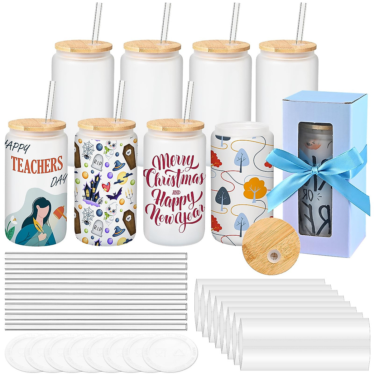MAFYE Sublimation Glass Blanks With Bamboo Lid, 16OZ Frosted Sublimation Beer Can Glass with Glass Straws Gift Box Mason Jar Cups Mug Travel Tumbler for Beer, Juice, Soda, Iced Coffee, Drinks(8 PACK)