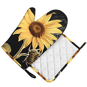 Sunflower Printed Oven Mitts and Pot Holders Sets Heat Resistant Kitchen Oven Gloves Potholders Set Extra Long Non-Slip Silicone Gloves for Cooking Baking BBQ