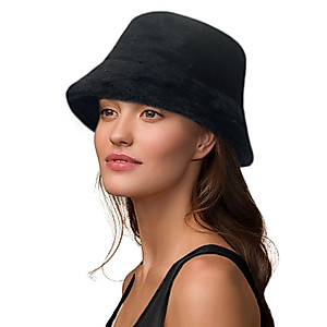 Rurymoe Faux Fur Fuzzy Winter Bucket Hats for Women Men,Fluffy Warm Hat for Daily, Casual,Sports,Skiing Black
