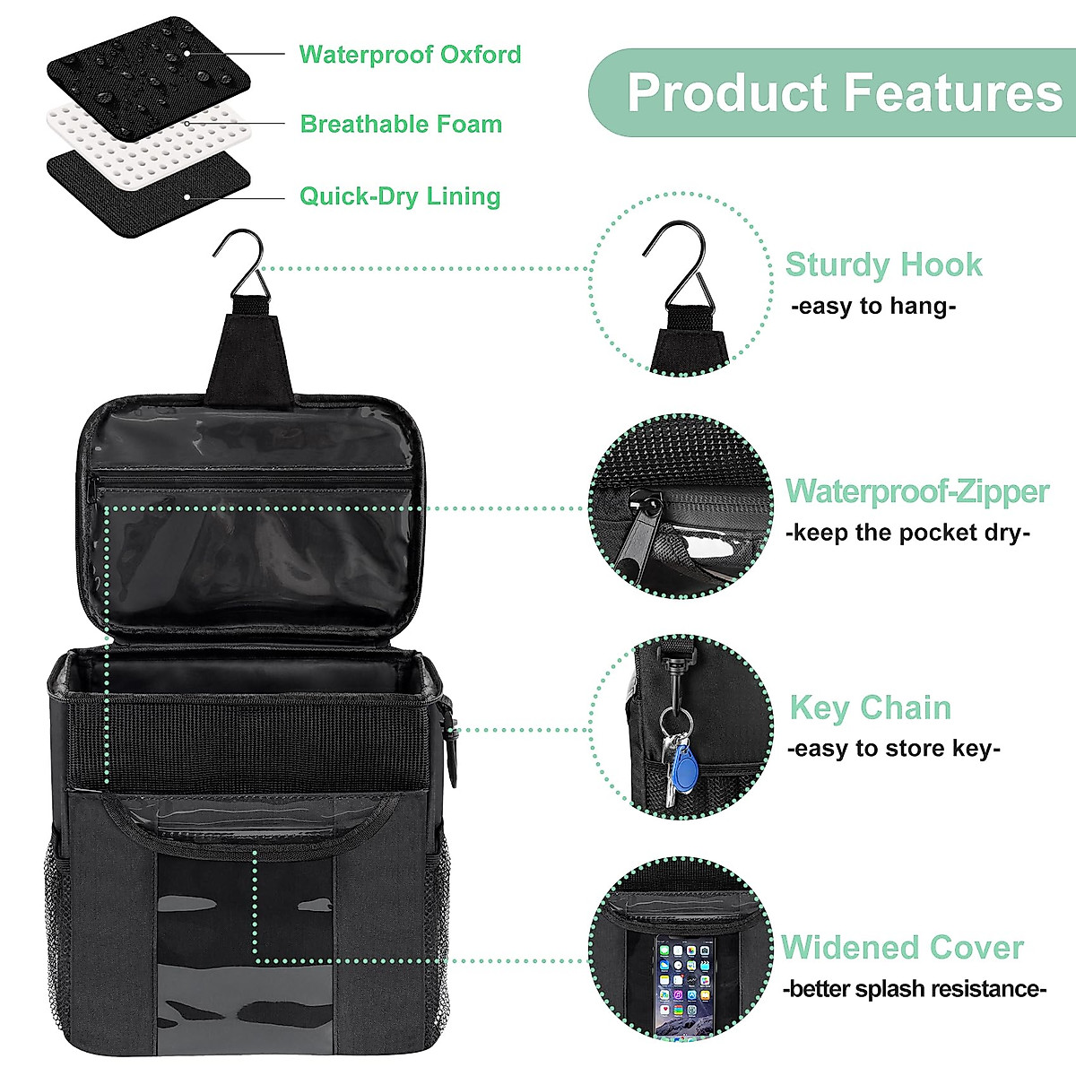 Portable Shower Caddy Dorm, Large Capacity Shower Caddy Tote Bag for College Dorm Room Essentials, Quick Dry Hanging Toiletry Bag for College Student Bathroom Camping Gym Travel Essentials (Black)