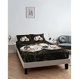 Bedding Full Size Fitted Sheets Fit 5"-16" Deep Pocket Mattress,Flower Sketch Oil Painting Pumpkin Soft Bottom Sheet Autumn Gold Leaves on Black Fitted Sheet Bed Set with Pillow Case