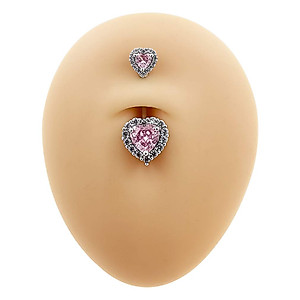 Excepro 1PC 14G(1.6mm) Double Heart Diamond Cubic Zirconia Navel Belly Button Ring 316L Surgical Steel Piercing Jewelry
