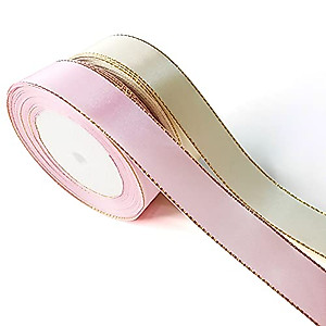 Pink & Ivory Satin Ribbon with Gold Edges, for Gift Wrapping Holiday Wedding Birthday Graduation Party Christmas Decoration,1“ Wide 25 Yard X 2 Rolls , Crafts Floral DIY Bags Bows White Ribbon
