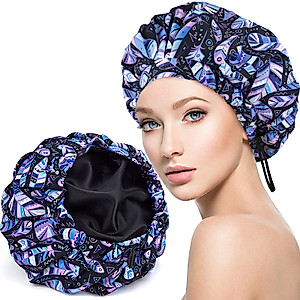 POZILAN Luxury Shower Cap for Women, Waterproof Reusable Shower Caps Double Layers Soft Silk Satin Lined, Extra Large for Long Hair, Adjustable for Most Heads Size