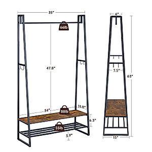 Asgolion Clothing Rack, Clothes Rack for Hanging Clothes, Garment Rack with 2 Shelves and 4 Hooks, Metal Standing Clothes rack for Bedroom, Closet, Rustic Brown