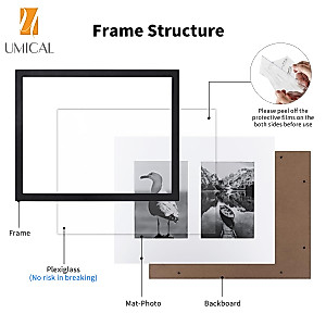UMICAL 11x14 Picture Frame Black Wood Collage Photo Frames with HD Plexiglass and White Mat displays (2) 5x7 Pictures for Table Top Stand and Wall Mounting